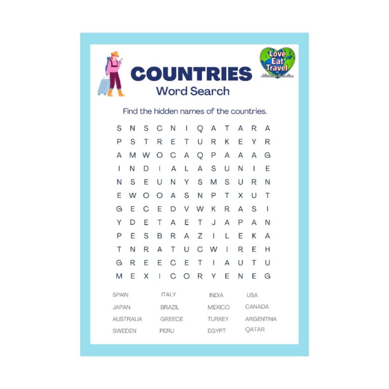 Countries Word Search - printable - Michelle Valentine - Love Eat Travel