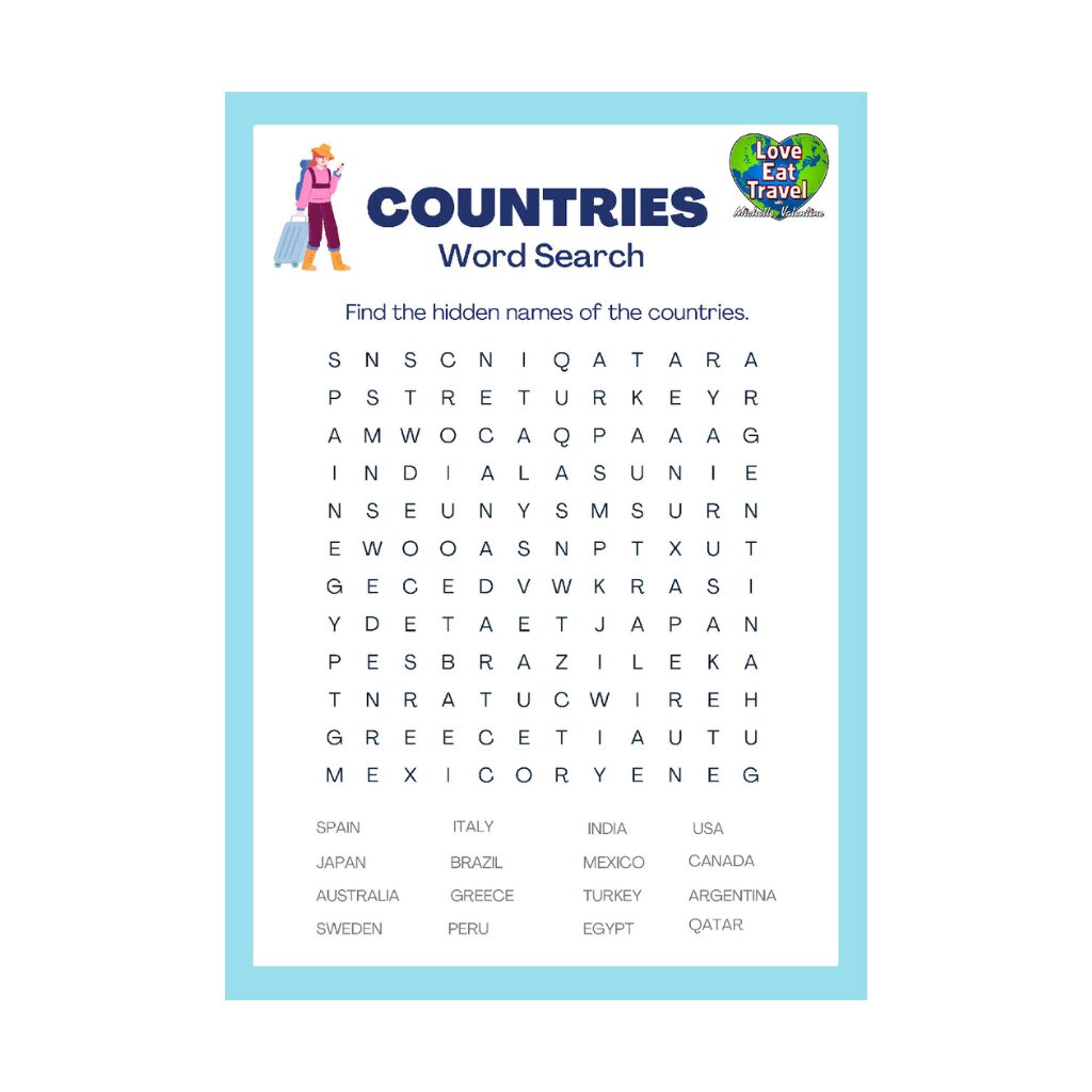 Countries Word Search - printable - Michelle Valentine - Love Eat Travel